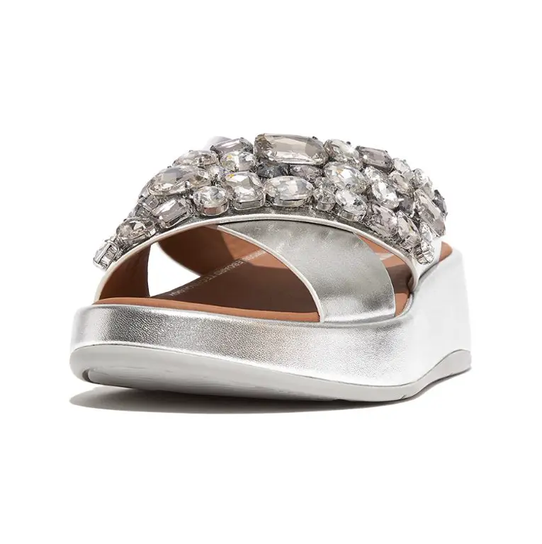 fitflop F-MODE華麗寶石皮革厚底交叉涼鞋-銀色｜台中中港店｜skm online 新光三越線上官方購物平台